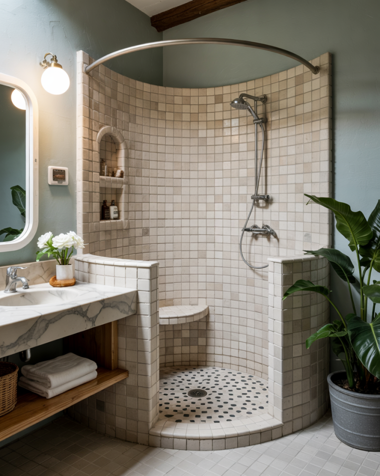 40 No Door Shower Ideas 2025 for Walk In Bathrooms Small Spaces Privacy ...