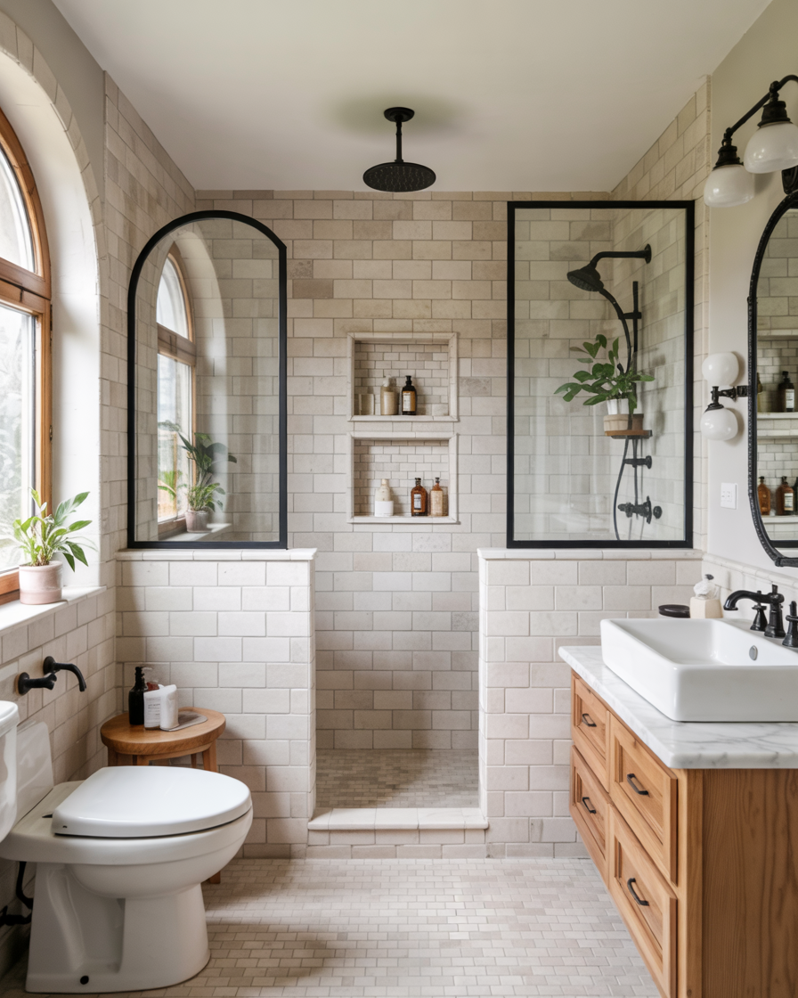 40 No Door Shower Ideas 2025 for Walk In Bathrooms Small Spaces Privacy ...